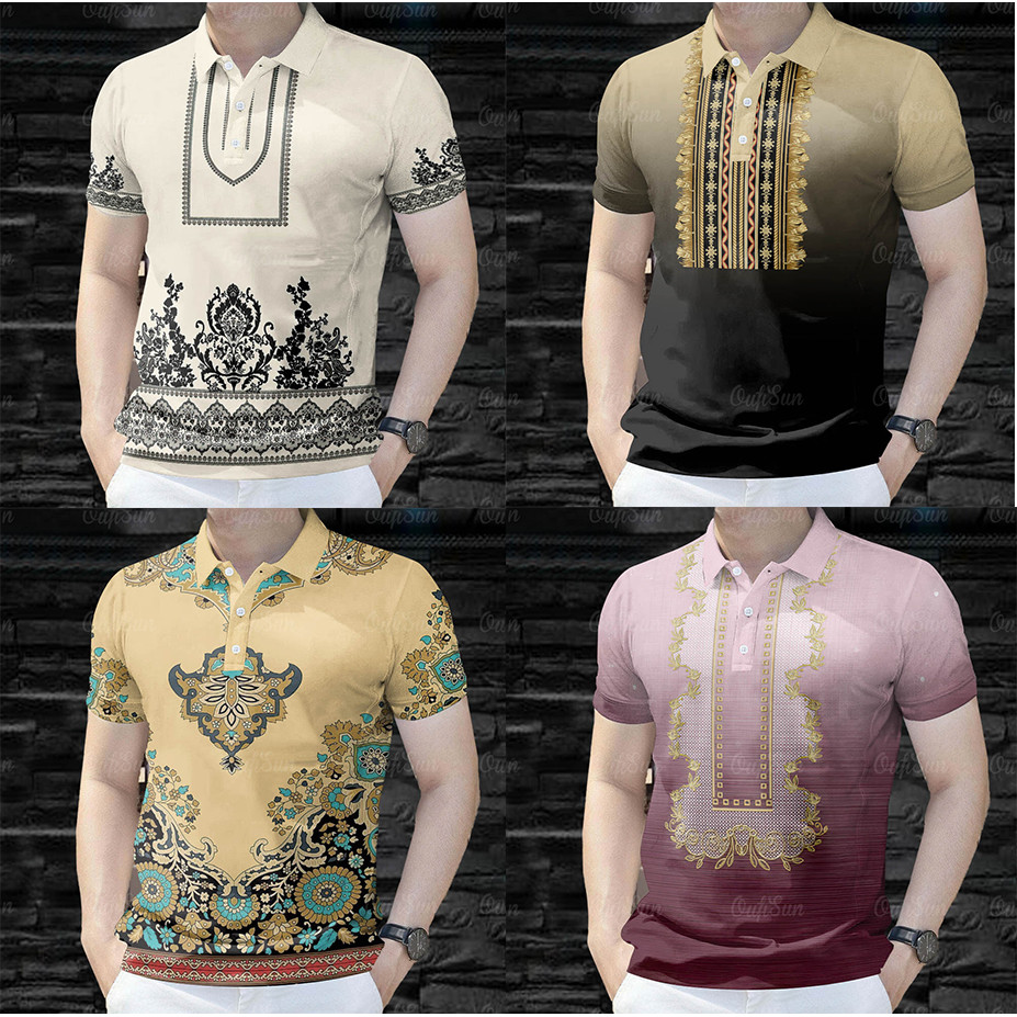 Retro Men's POLO Shirt Barong Ethnic Print Men's Tops Loose and Breathable Bohemian Fashion New ...