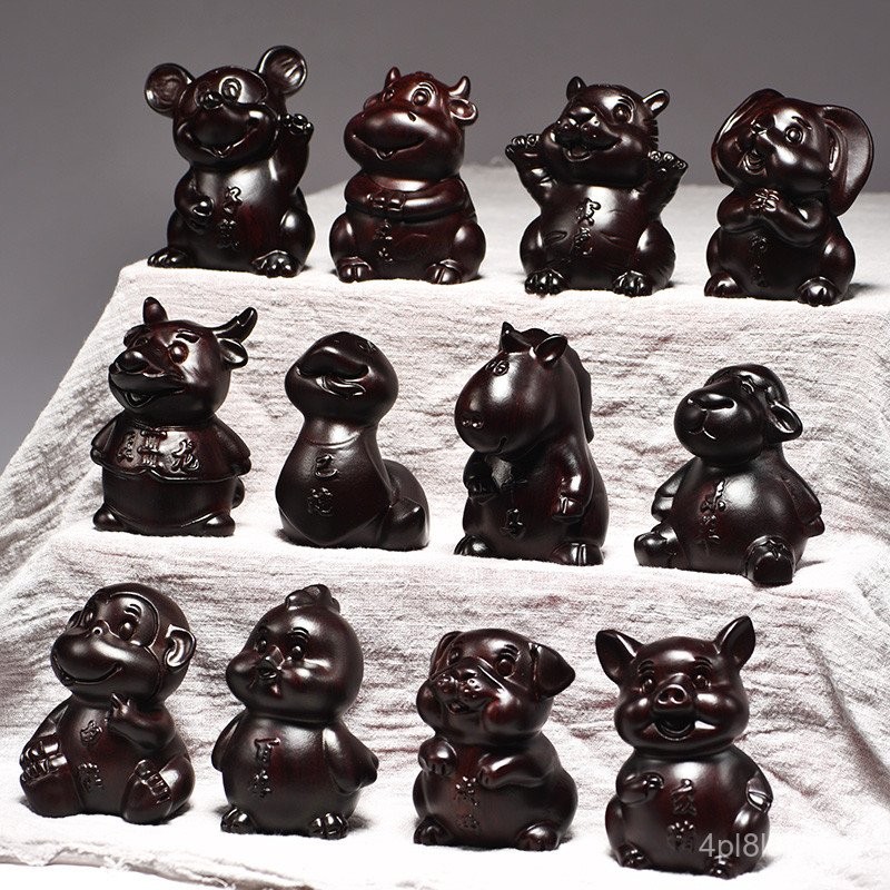 Ebony Wood Carving Zodiac Ornaments Full Set Solid Wooden Rat Ox Tiger ...