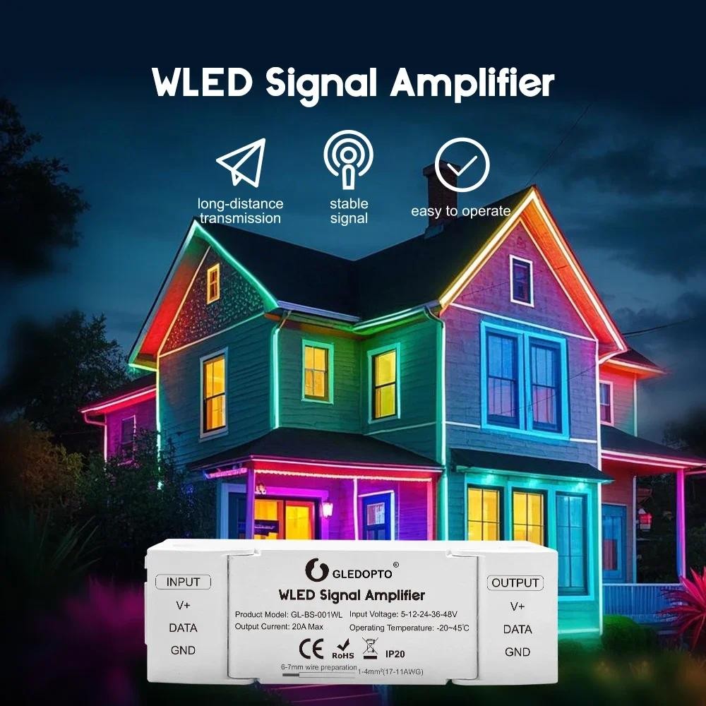 WLED Signal Amplifier 5V-48V Booster 10m Extension Flicker-Free LED Strip Enhancer for WS2811 ...