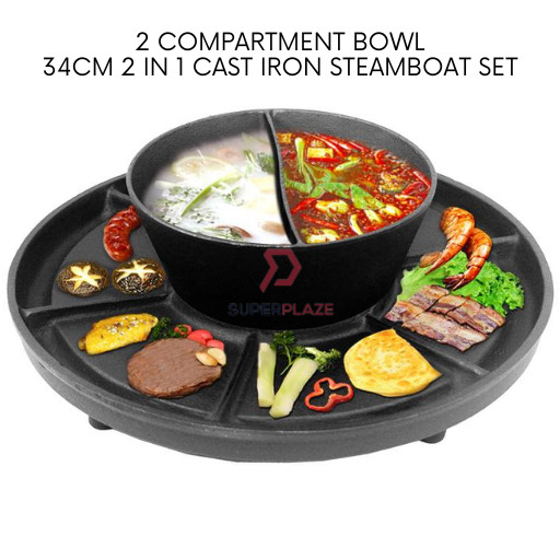 2 Compartment Bowl 2in1 Cast Iron Korean BBQ Pan Grill Teppanyaki ...