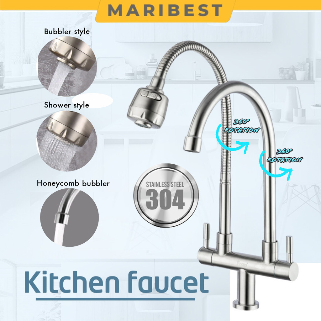 AT-304549SS Atocco Double Faucet Kitchen Sink Flexible Wall Tap SUS304 ...
