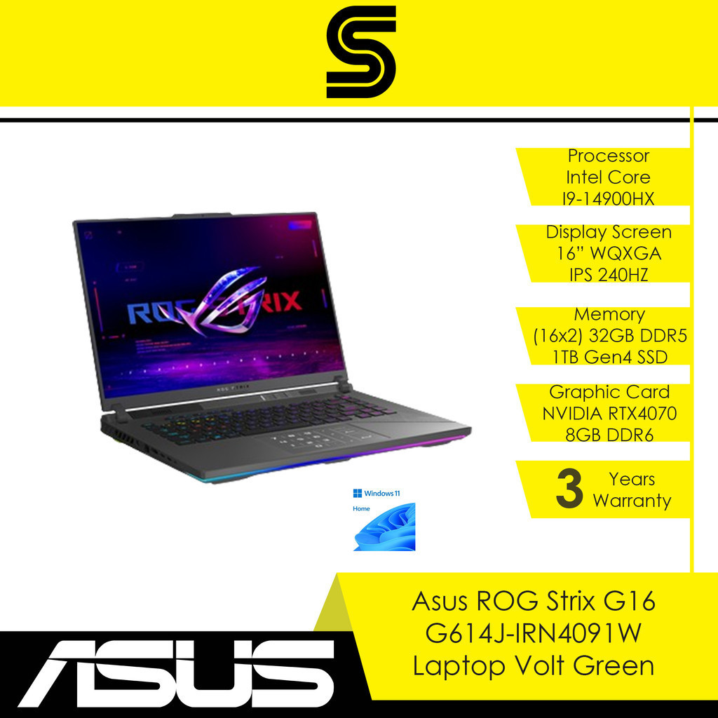 ASUS ROG STRIX G16 G614J-IRN4091W (I9-14900HX/32GB DDR5/1TB PNVME/RTX4070 8GB DDR6) VOLT GREEN ...
