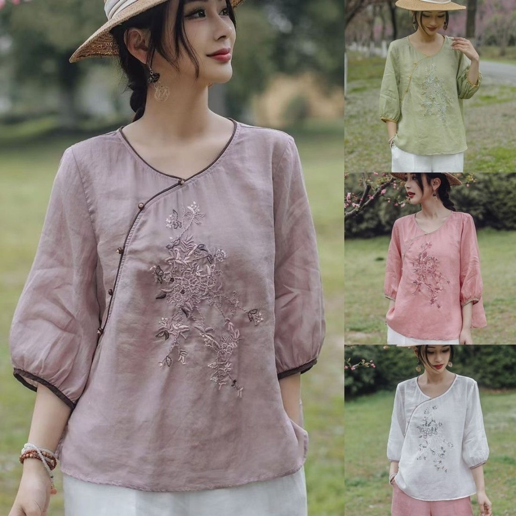 Chinese Knot Button Embroidery Shirt Loose Lapel Top Women blouse ...