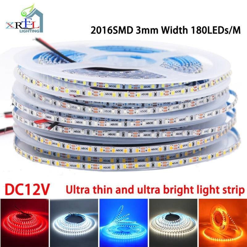 5M 12V DC 3mm Narrow Width PCB 180leds/m SMD 2016 Super Bright Flexible ...