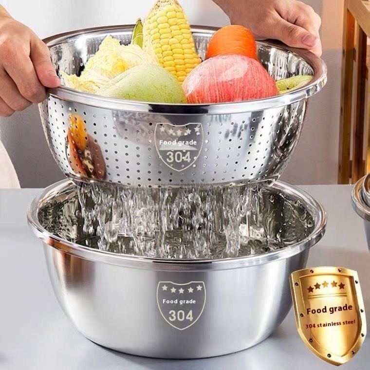 304 Thickened Stainless Steel Rice Sieve Drain Basin Dense Hole Basket ...