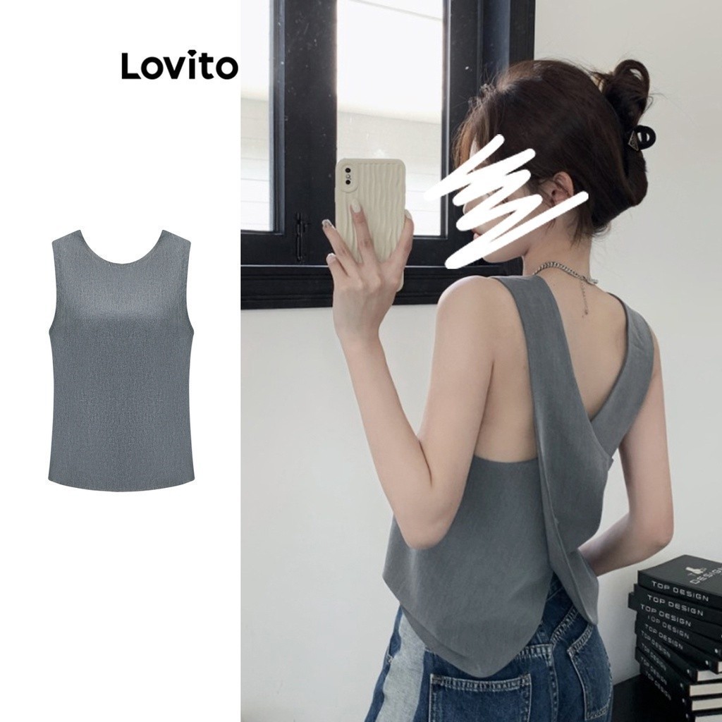 Lovito Casual Plain Backless Split Back Tank Top for Women L68ED311 ...