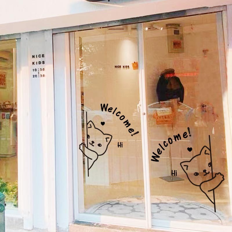 Welcome Probe Cartoon Cat Sticker Pet Shop Glass Door Window Decoration ...