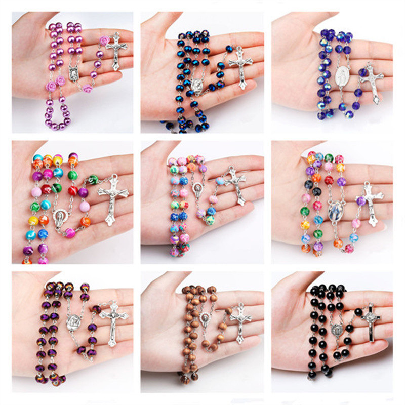 Catholic Beads Rosary Necklace for Women INRI Cross Crucifix Pendant ...