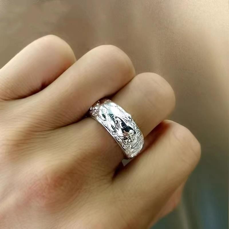999 Sterling Silver Men's Ring Pixiu Pure Silver Open Mouth Adjustable ...