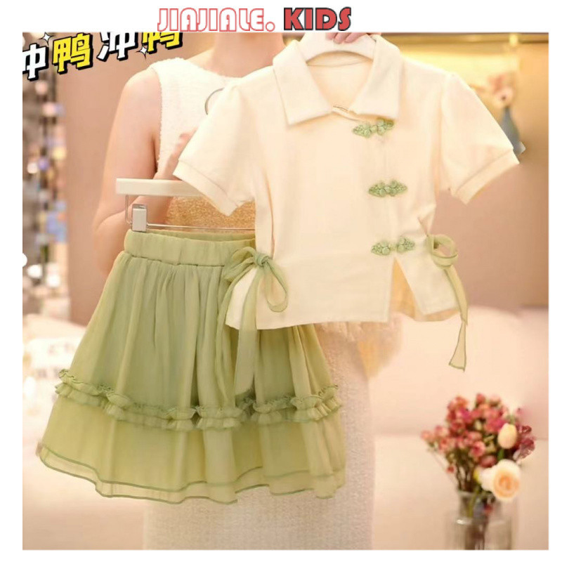 2-15Y Girls Summer New Chinese style 2pcs Set kids Chinese Button Short ...
