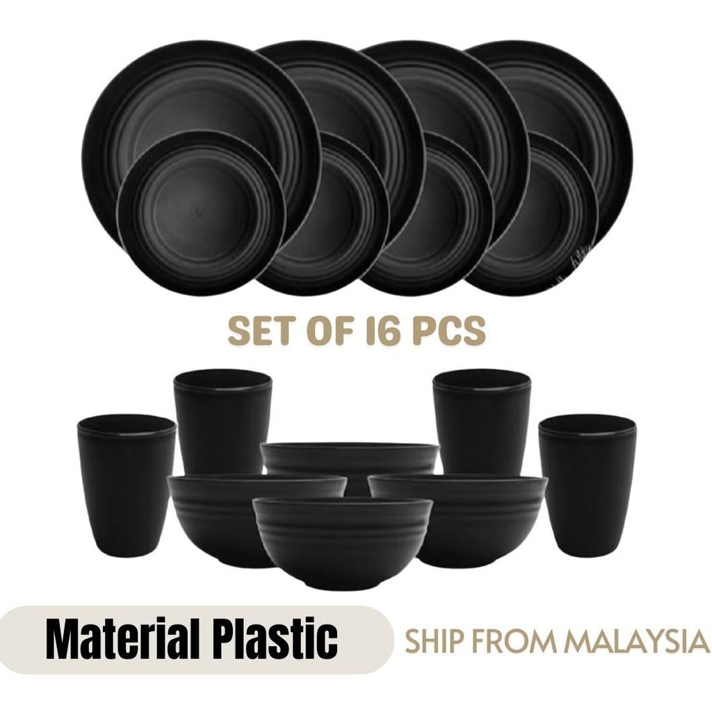 Set Pinggan Plastik 16pcs Pinggan, Mangkuk, Cawan, Peralatan Makan ...