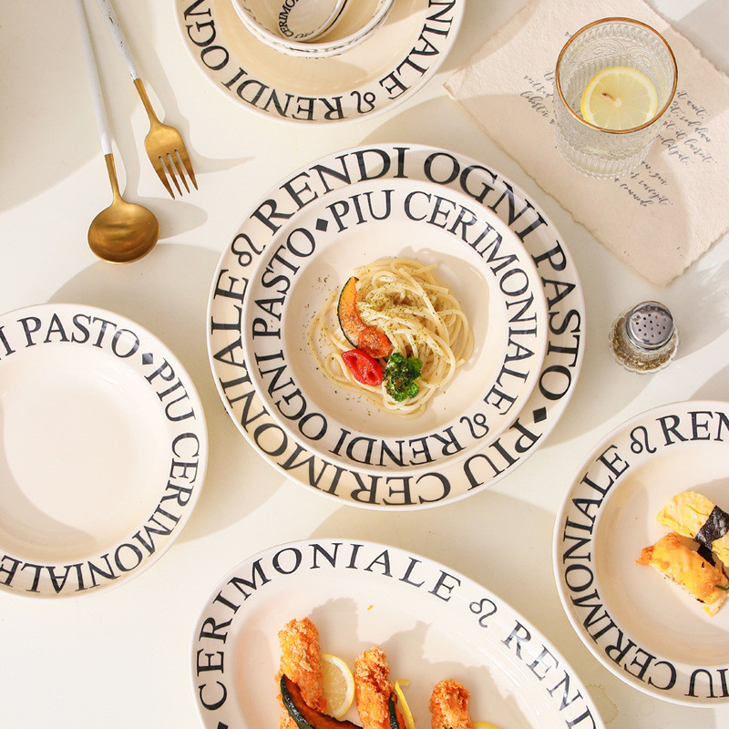 10-inch French alphabet dish set Household cutlery Cream yellow ceramic rice soup bowl and plate ...