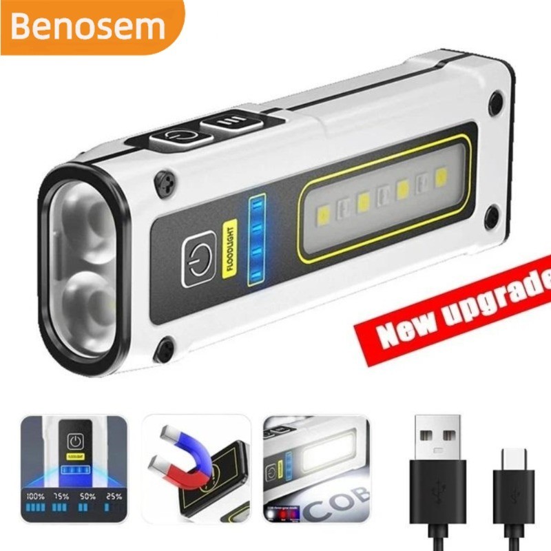 BENOSEM Portable Multi-Function Flashlight XPG + COB LED Mini LED Torch TYPE-C Rechargeable Work ...