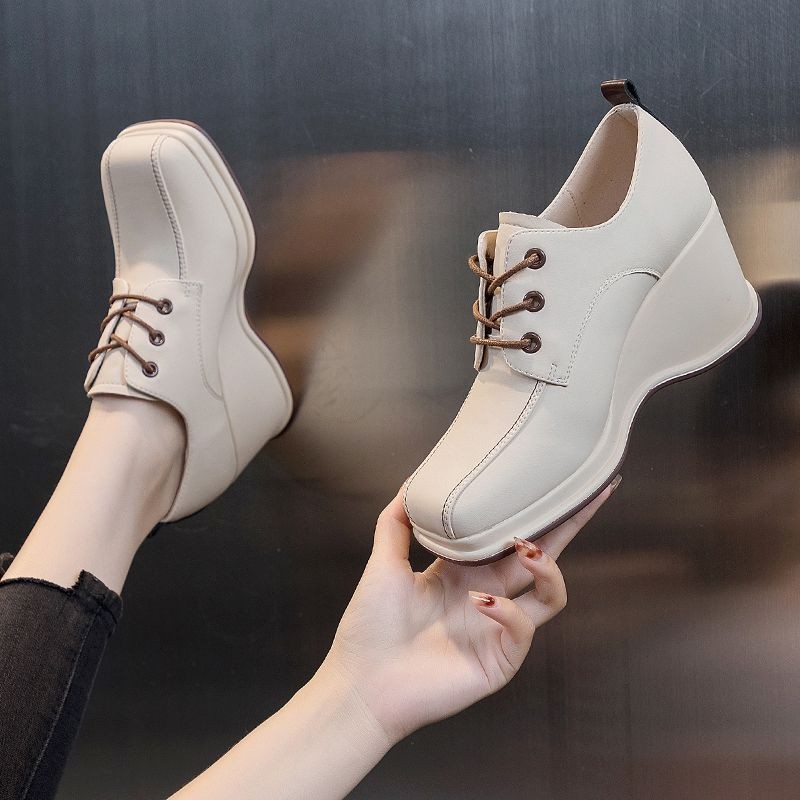 SAB Wedge square toe deep cut leather shoes 2024 New Thick Heel Slope ...