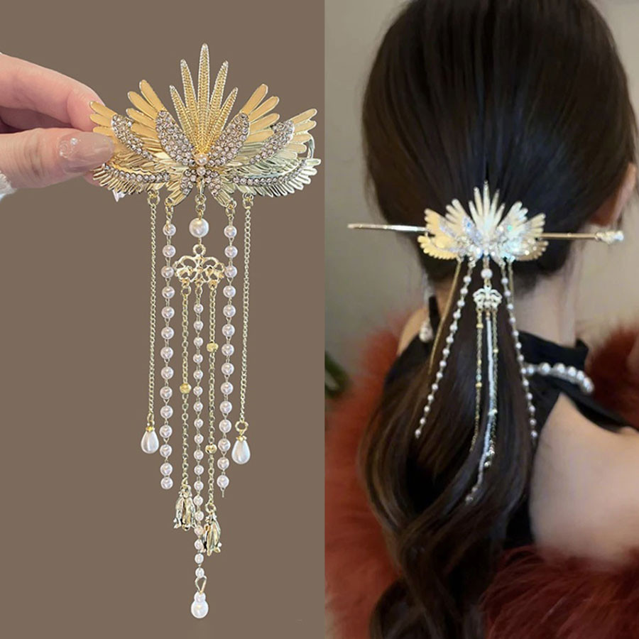 Pearl Tassel Angel Wings New Chinese Metal Back Head Hairpin High-End ...