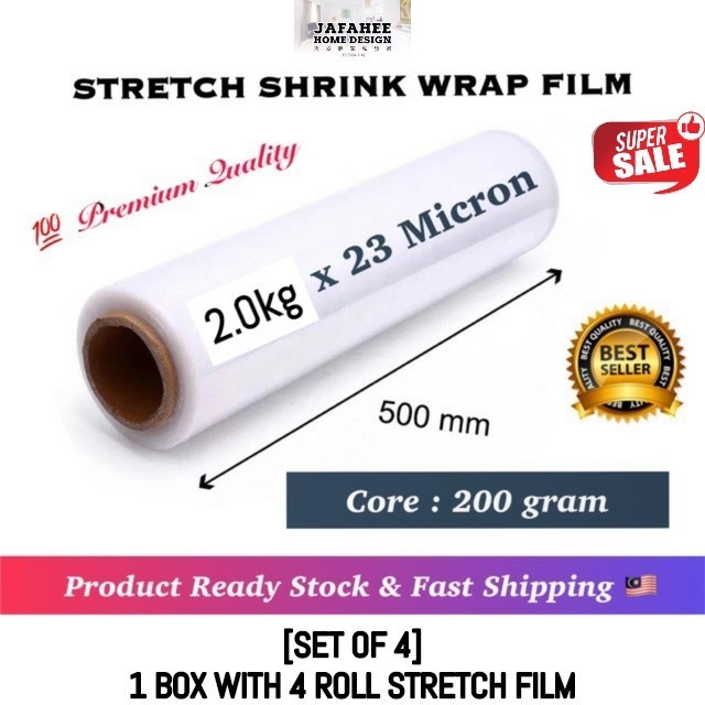 【JTM】 [SET OF 4] STRETCH FILM 500MM x 2.0KG x 23 MICRON x 1 ROLL {CORE ...