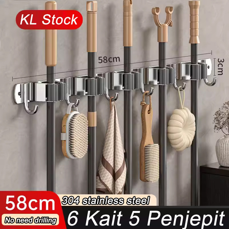 【KL stock】 Stainless Steel Mop Broom Holder New Mop Holder 6 Hooks 5 ...