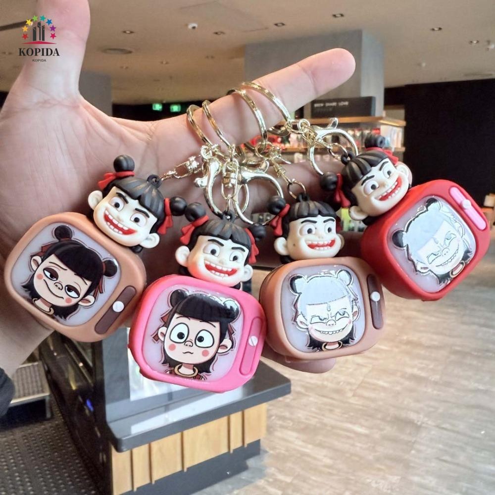WILLIS Colorful Flashing Ne Zha Keychain, Red Button Batteries TV Toy ...