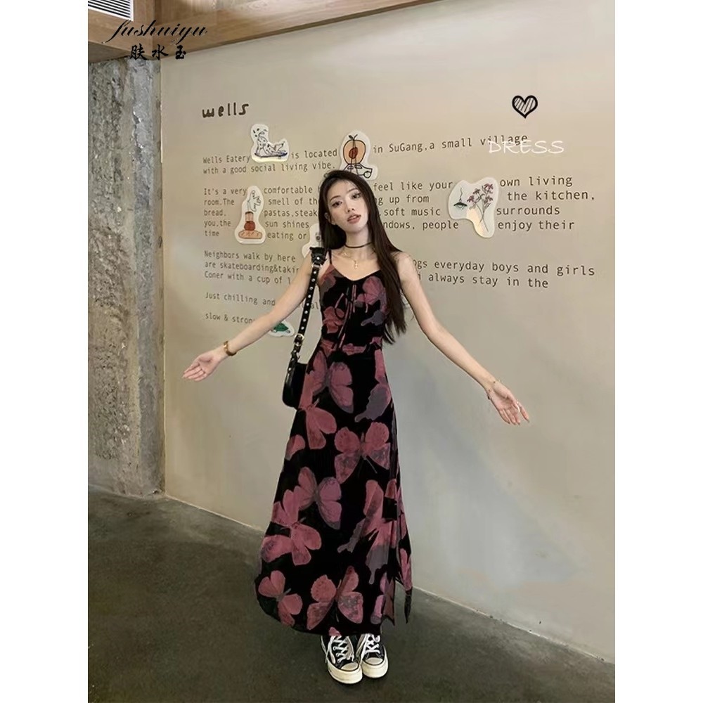 FUSHUIYU vintage babes butterfly slip dress women's summer slim waist ...