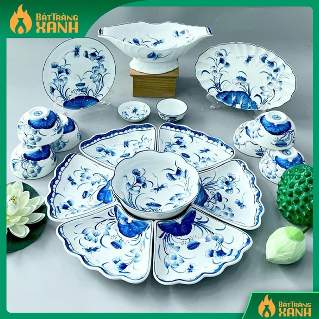 Bat Trang sun flower dinnerware set with lotus pattern and cream enamel ...