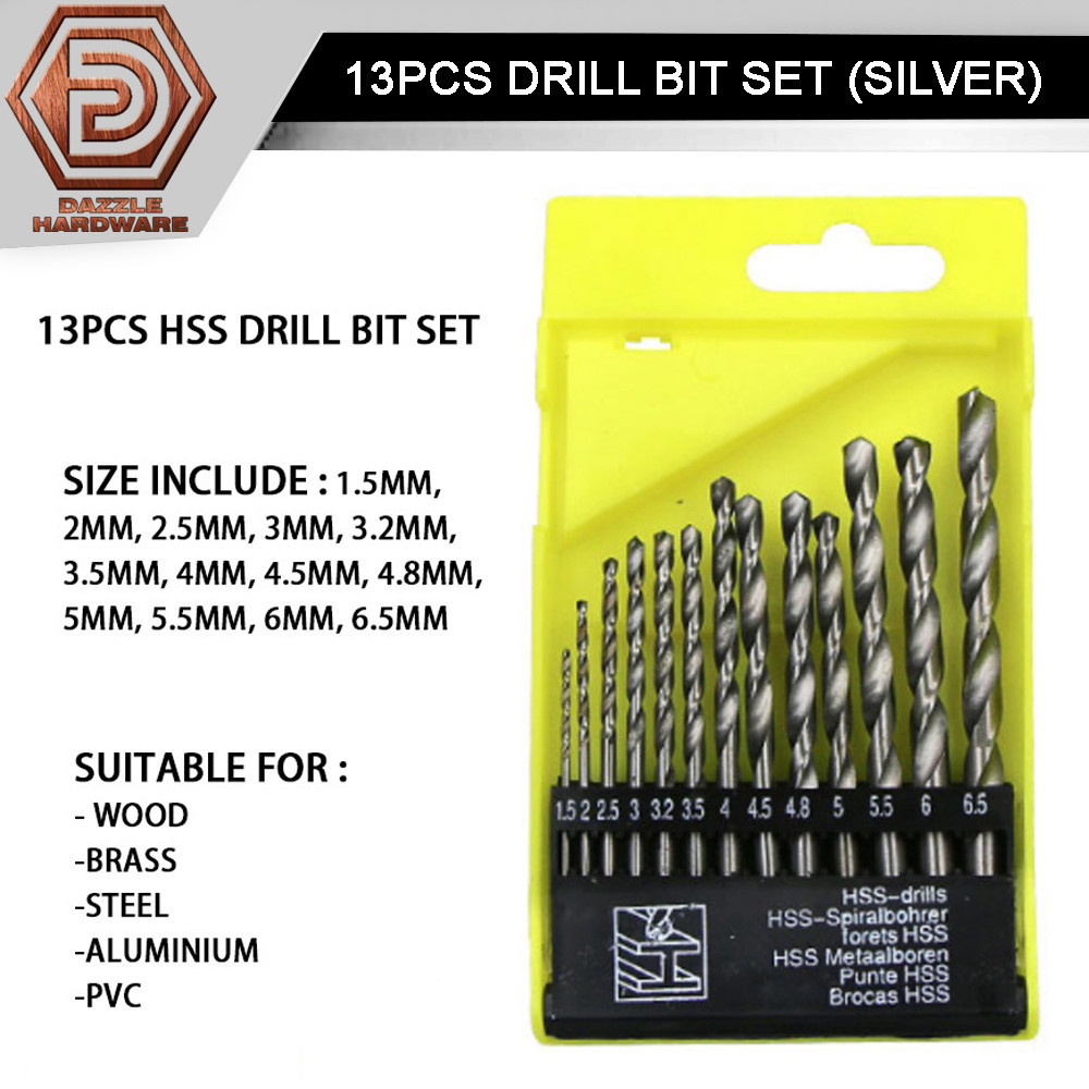13pcs drill bit set silver steel drill bit set mata tebuk lubang besi ...