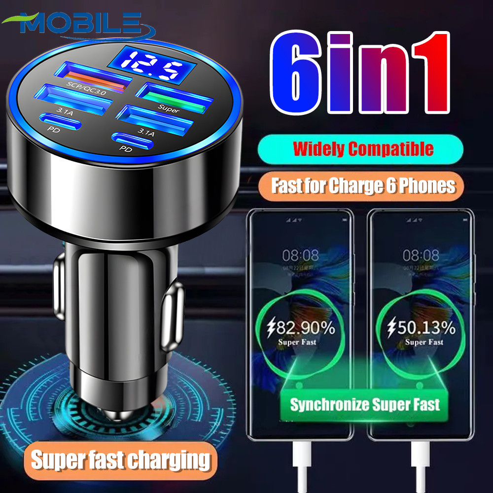 6 In 1 Car Charger - Mini Charge Adapter - 4USB+2PD Multi Port - LED ...