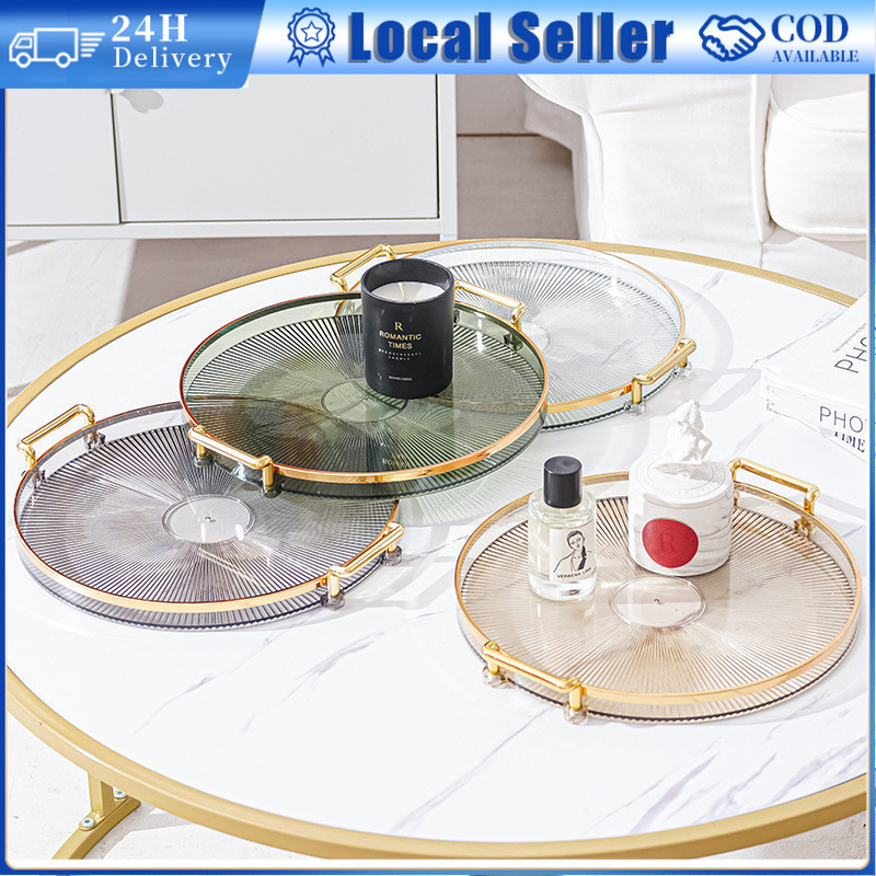 Luxury Plastic Binaural Tray Round Double Ear Clear Teacup Serving Tray ...