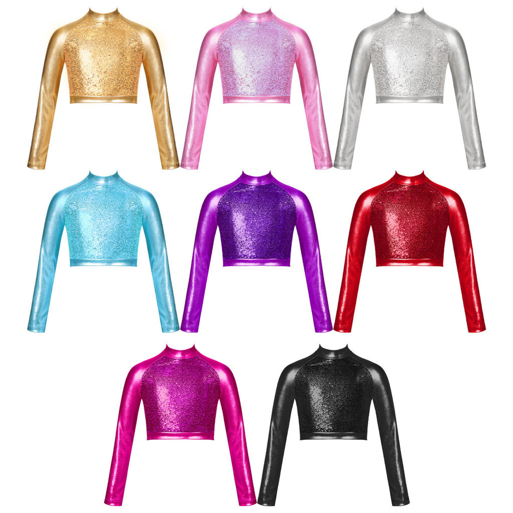 YOOJIA Kids Girls Shiny Metallic Dance Top Mock Neck Long Sleeve Front ...