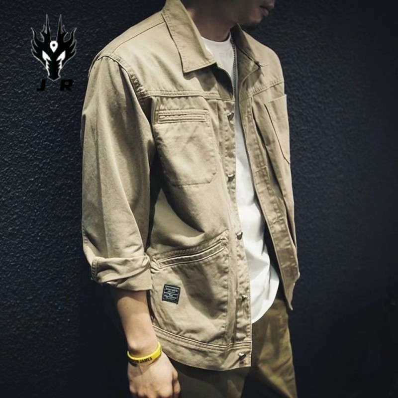 jaket lelaki Trendy Brand Retro Loose Multi-Pocket Workwear Jacket Men ...