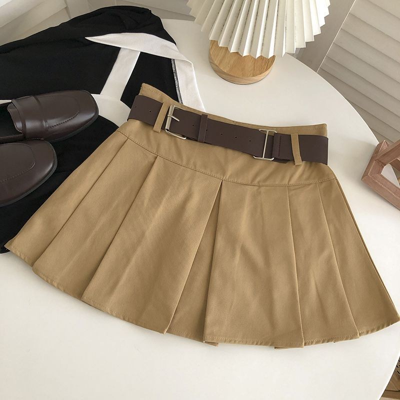 Spring Summer Belt Women's All-Match Short Skirt Khaki 2024 with ...