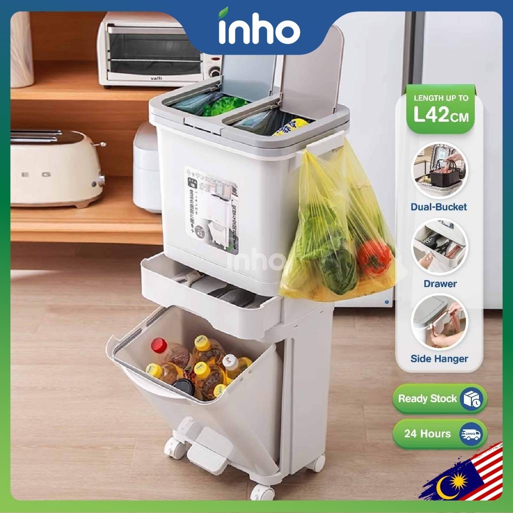 INHO 42/50L Large Movable Household Sorting Trash Plastic With Wheels ...