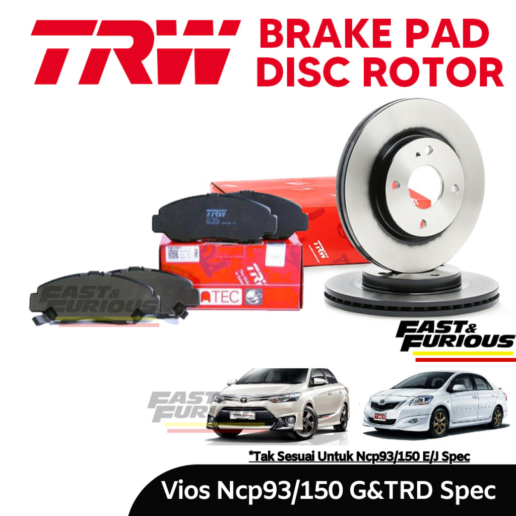 TRW Toyota Vios NCP93/NCP150 G,S,TRD Spec Front (Depan) Disc Rotor (2 PCS) & Brake Pade Set (4 ...