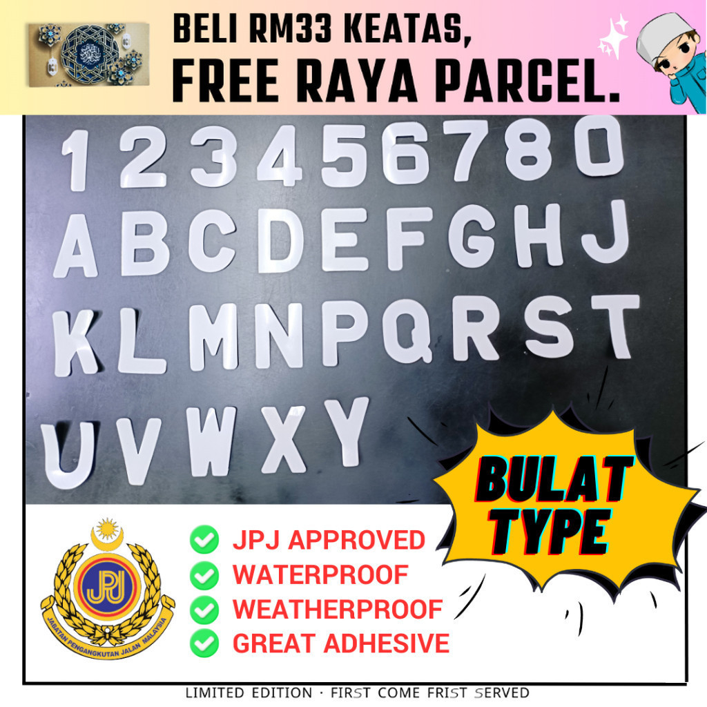 JPJ APPROVED BULAT/CIRCLE Number Plate Sticker Motorcycle ABC 123 White ...