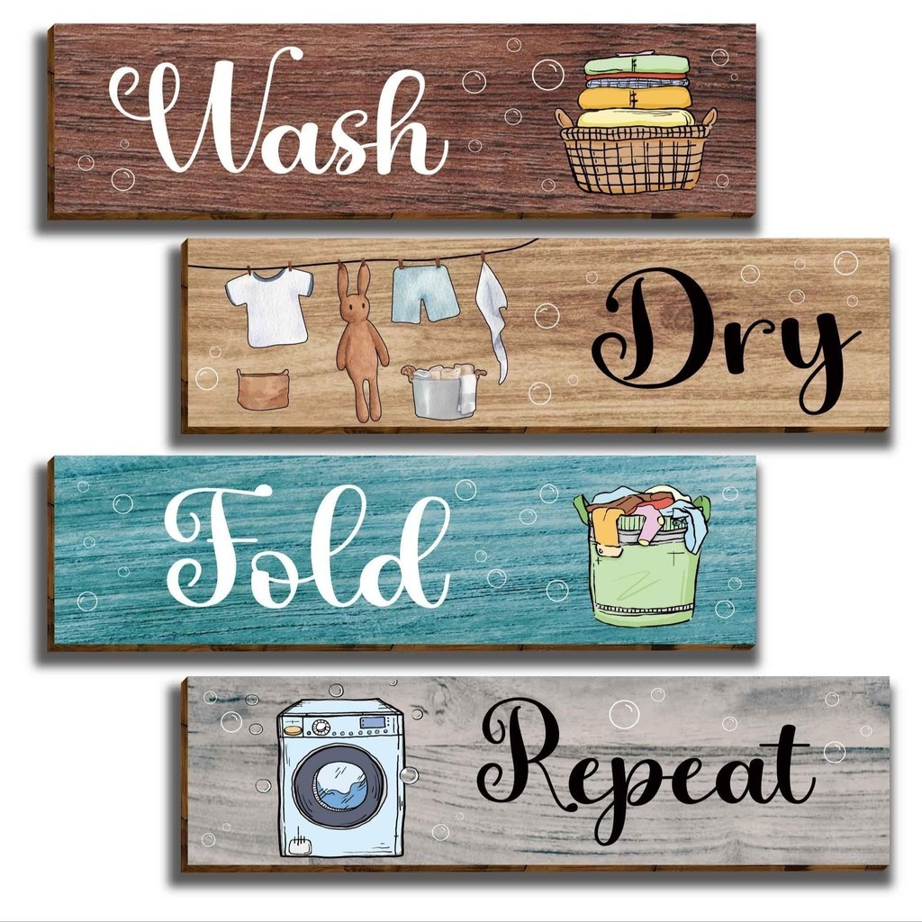 4pcs Laundry Room Rustic Wooden Wall Art Décor, Wash Dry Fold Repeat ...