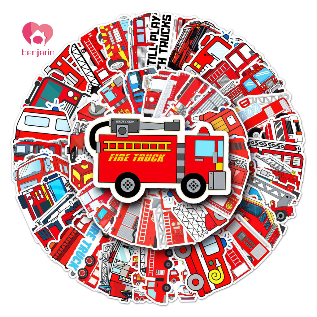 Banjarin 50Pcs Fire-Truck Stickers Waterproof PVC Adhesive Various Cute ...