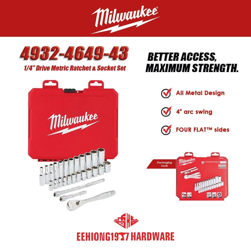 MILWAUKEE 4932-4649-43 28PCS 1/4'' Drive Ratchet and Metric Socket Set ...