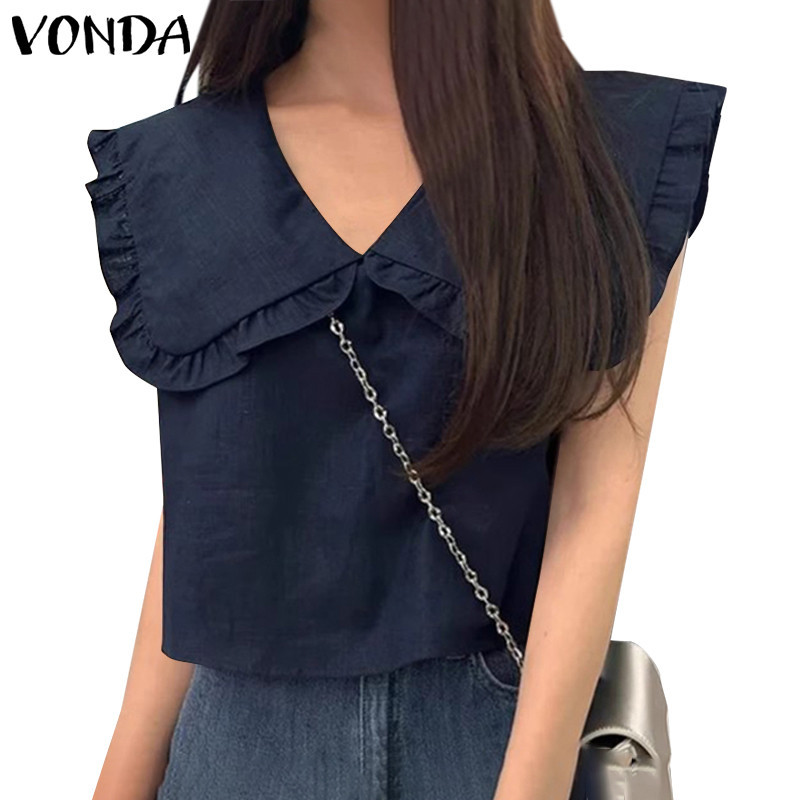 VONDA Women Korean Daily V-Neck Ruffle Edge Sleeveless Solid Color ...
