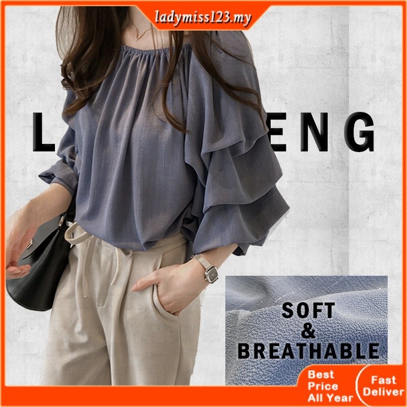 Plus Size M-4XL Chiffon Puff Long Sleeve Blouse Women Ruffle Korean Style Plain Casual Loose ...