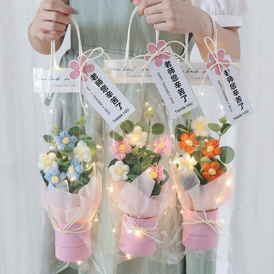 Crochet Flower Bouquet with LED Light String Hand Knitted Flower ...