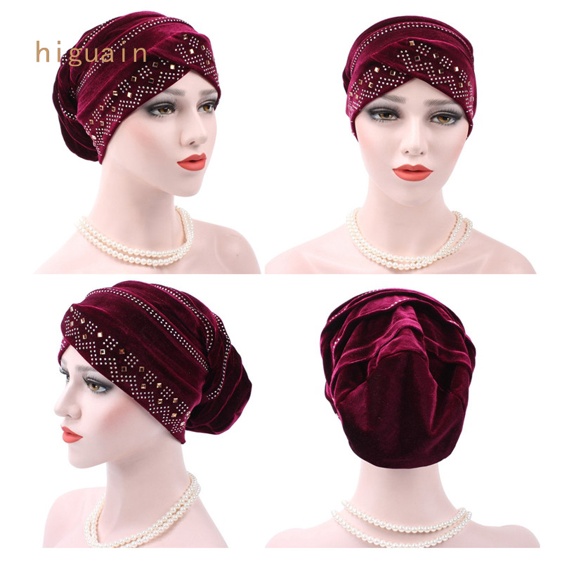 Muslim Pearl Beaded Hat Velvet Hijabs Muslim Turban Caps Women Drill ...