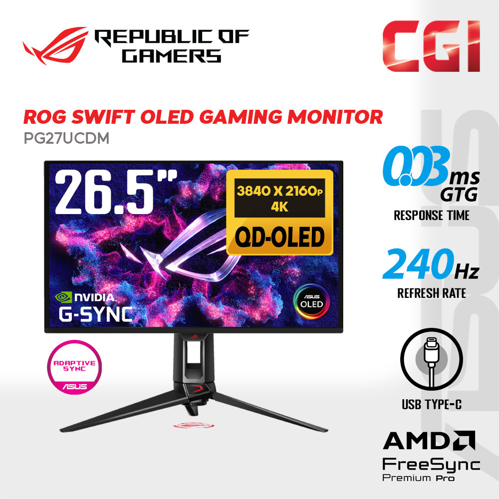 Asus 27" ROG Swift PG27UCDM 4K-QD OLED Freesync GSync 240Hz 0.03ms USB-C Aura Sync Ergonomic ...