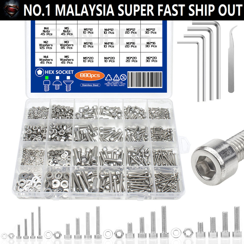 SP 880pcs Hexagon Socket Column Head Screw Set M2 M3 M4 M5 304 ...