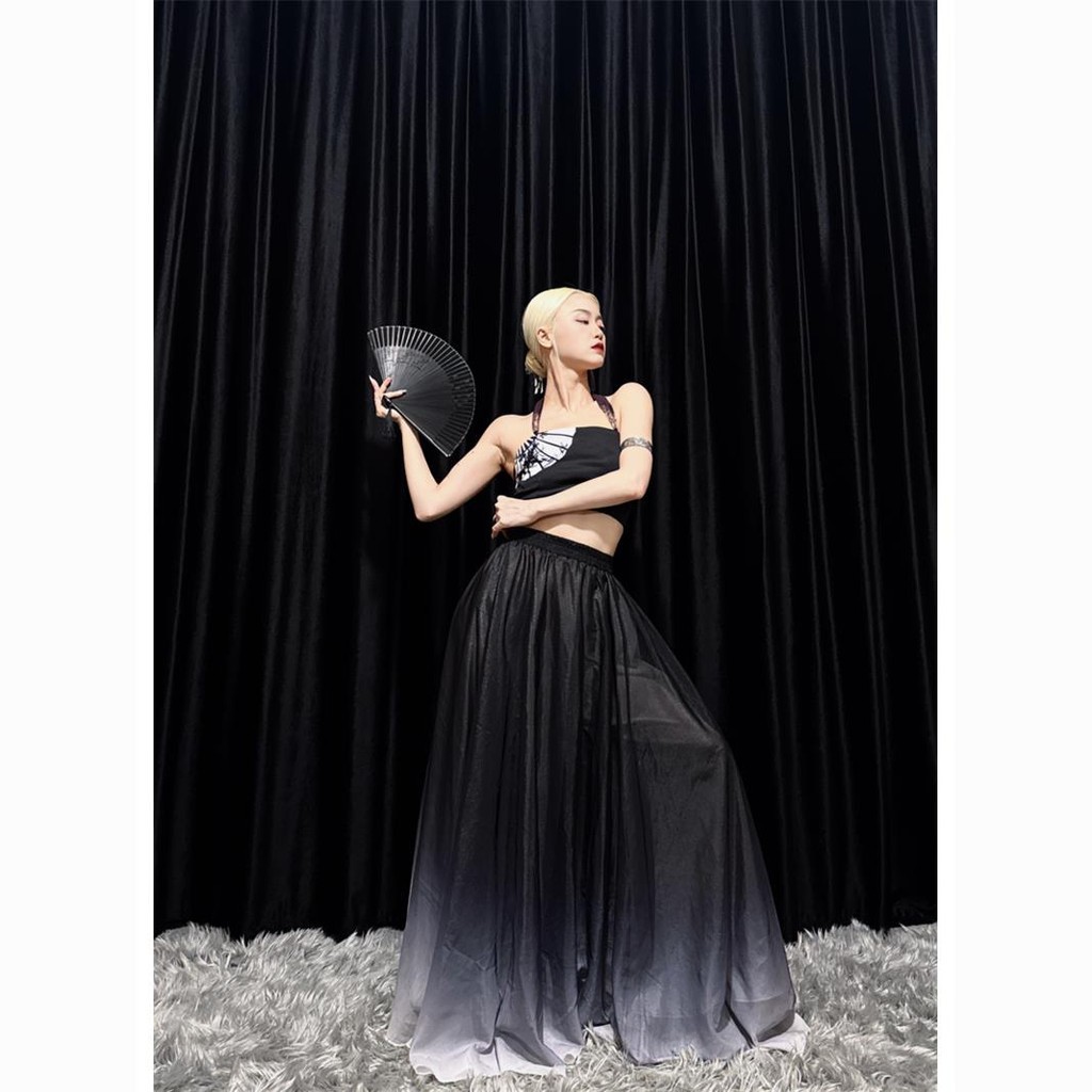 Fan Halter Neck Chinese Style Jazz Dance Costume Elegant Big Skirt Tube ...