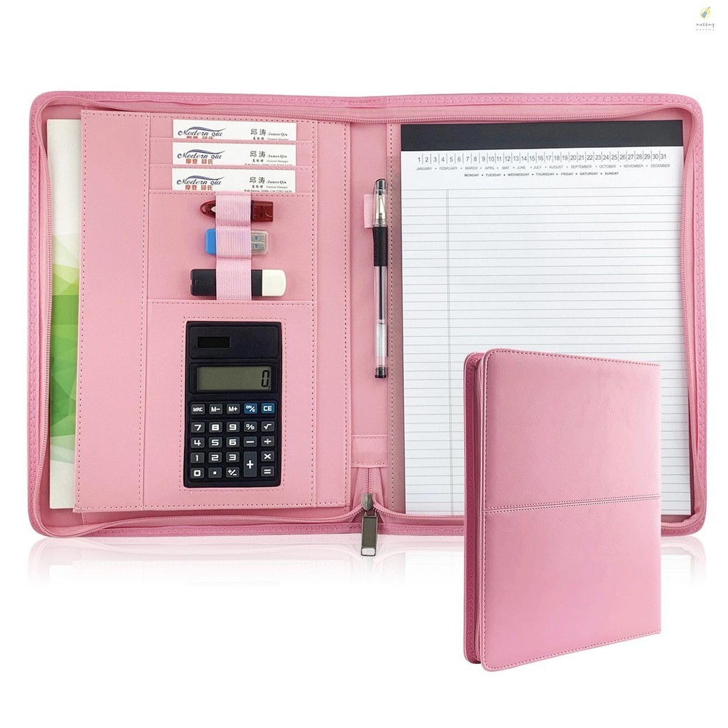 Zippered Padfolio A4 PU Leather Portfolio Organizer with Calculator for ...