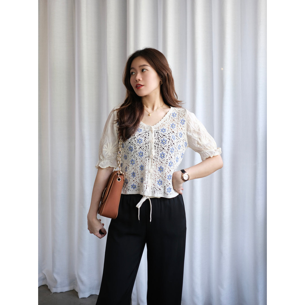ACEWIN Puff Sleeve Floral Crochet Buttoned Top (Free Size) 110310 ...
