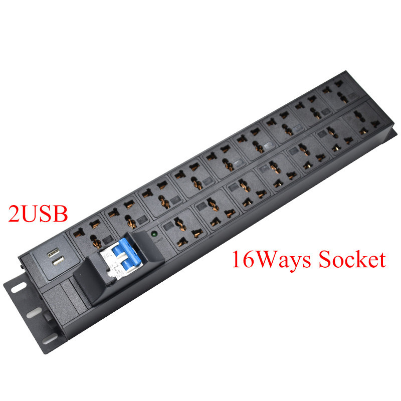 19inch 2u Rack Mounted Pdu Power Strip Distribution Unit 2usb 16ways Universal Socket 2meter