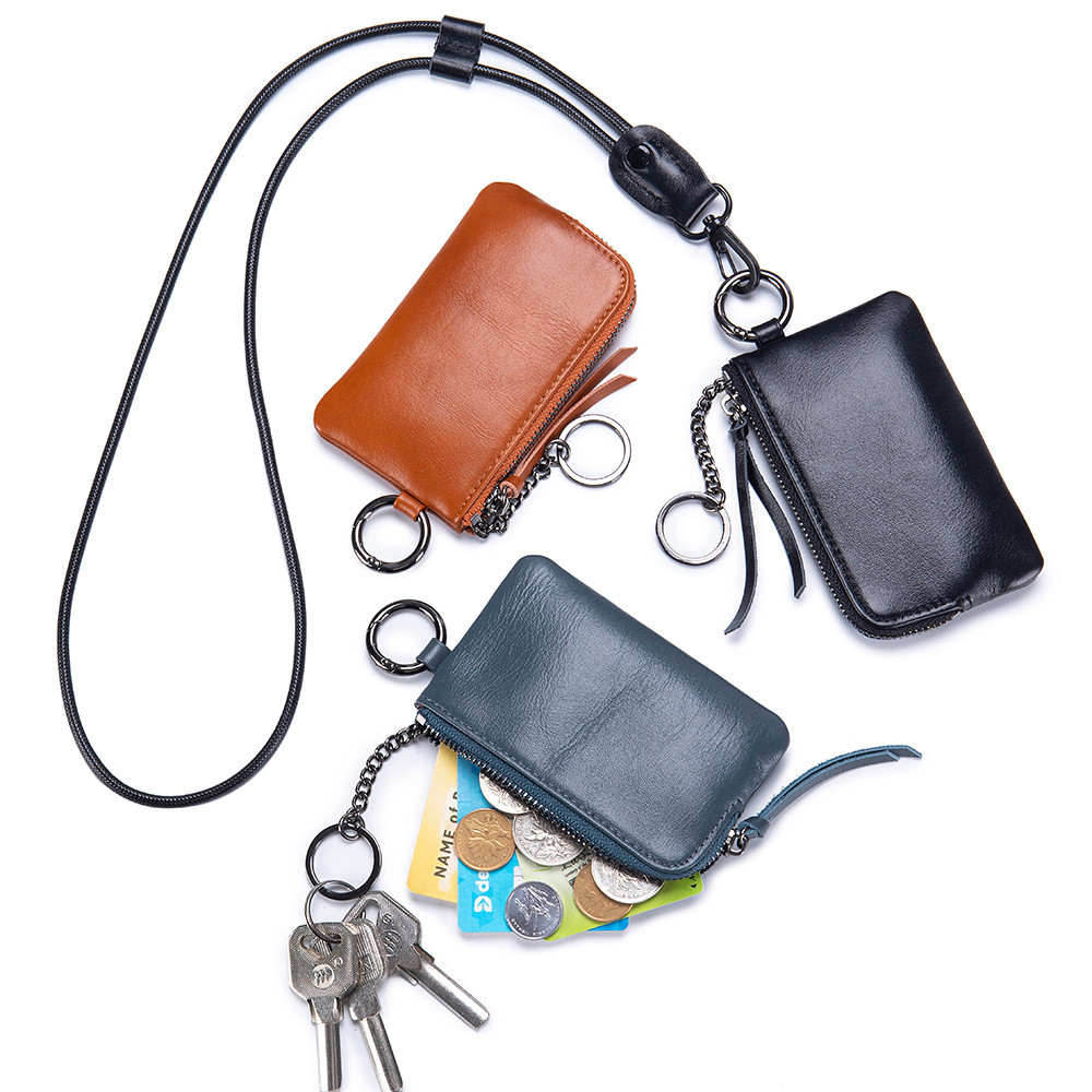 Minimalist Small Wallet Zip Coin Purses Cowhide Hanging Neck Keyring ...