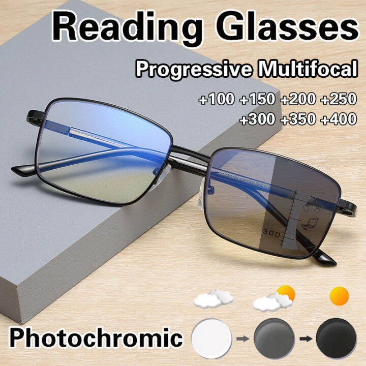 HT 4 In 1 Photochromic Progressive Multifocal Reading Glasses Anti Blue ...