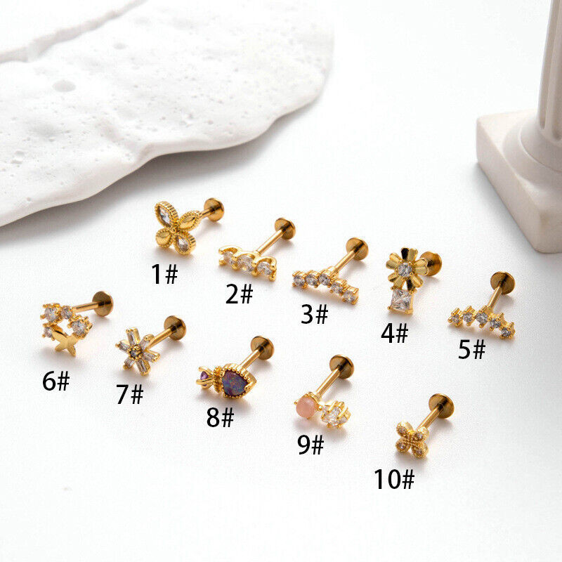 Gem Flat Back Labret Piercing Stud Earrings Crystal Tragus Helix ...