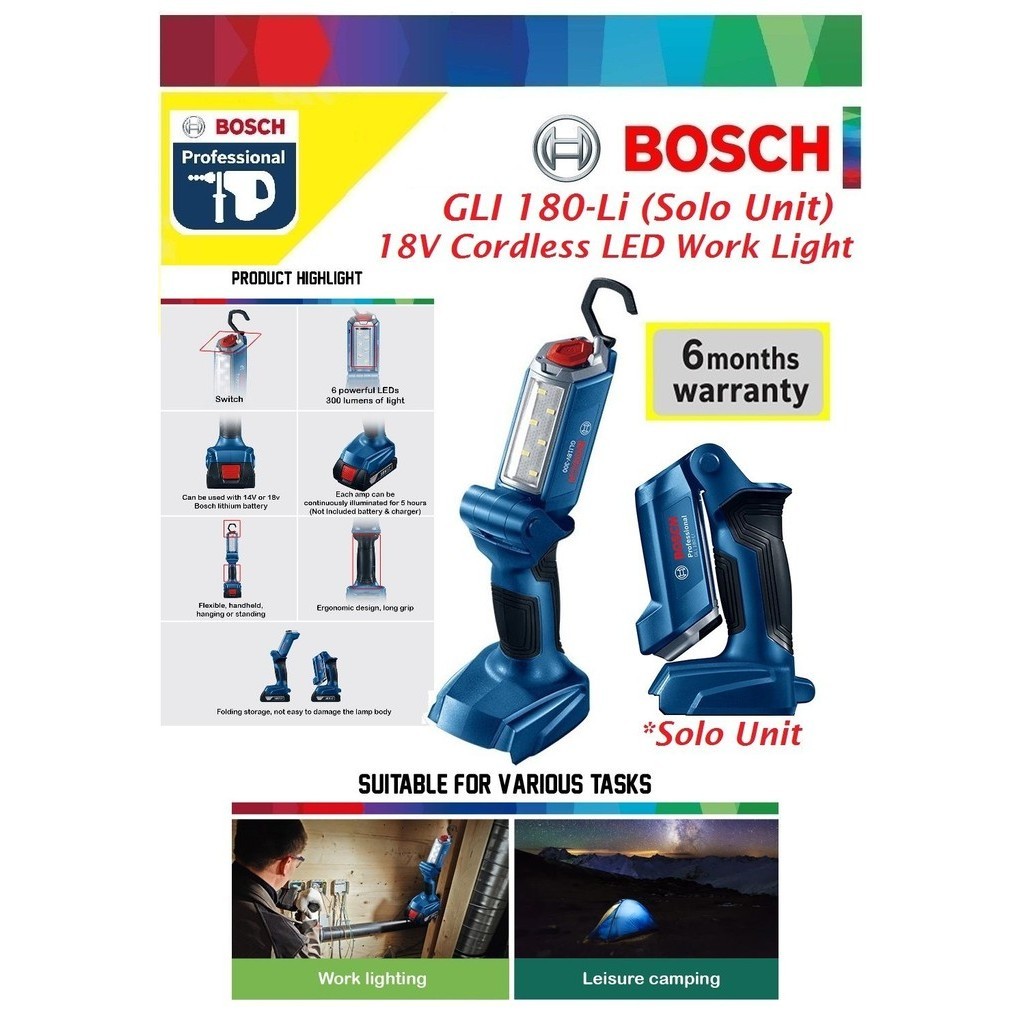 Bosch GLI 180-Li Cordless LED Work Light Torch (Solo) | Shopee Malaysia